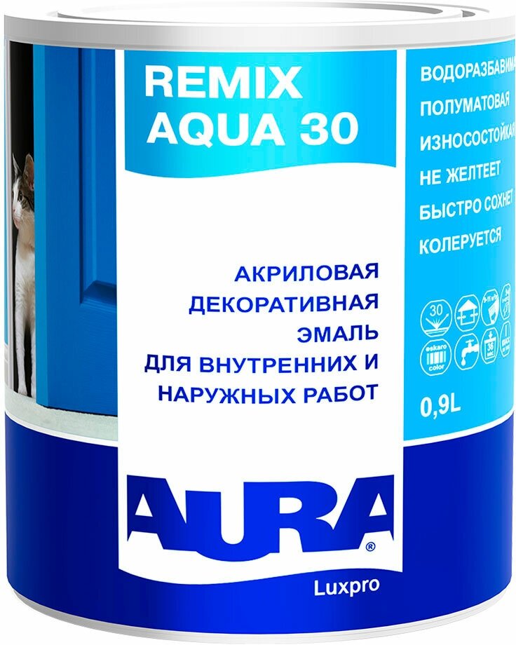 Эмаль акриловая Aura Remix Aqua 30 основа А белая полуматовая 0,9 л