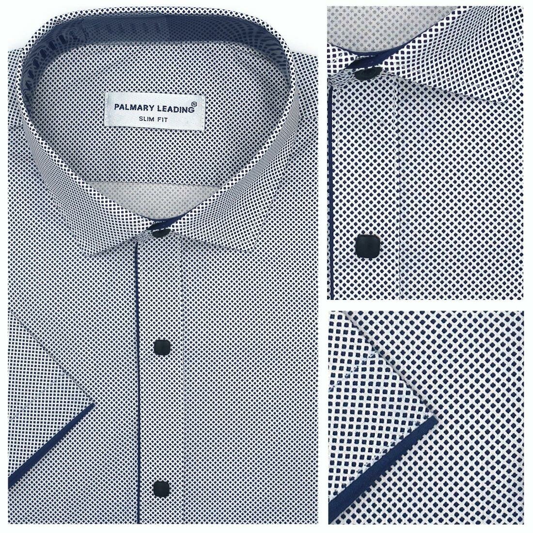 Рубашка приталенная с коротким рукавом мужская рубашка, светлая сорочка, на кнопках, рубаха на любой сезон, синяя с принтом, без карманов, летняя рубашка