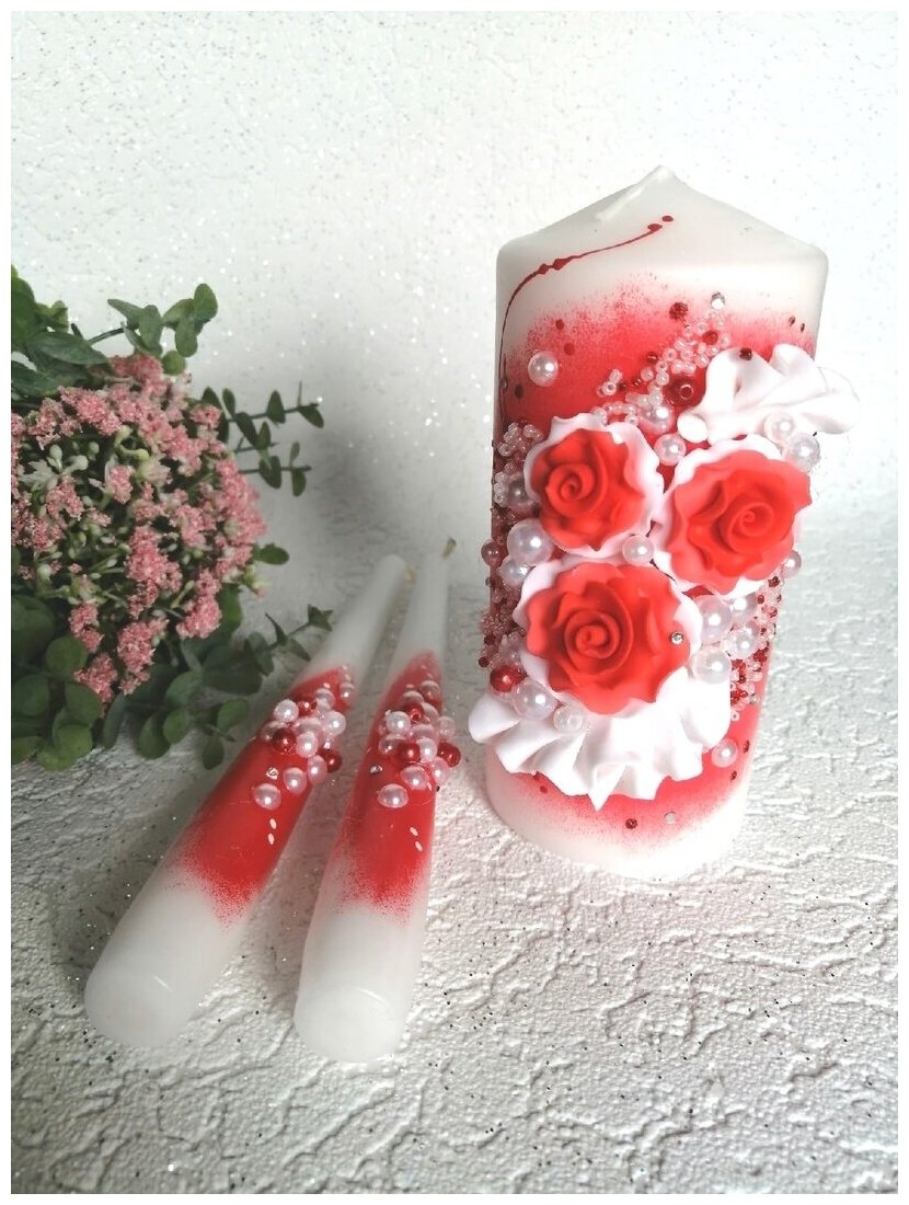 Набор свадебных свечей с росписью и цветами из полимерной глины "Красный"