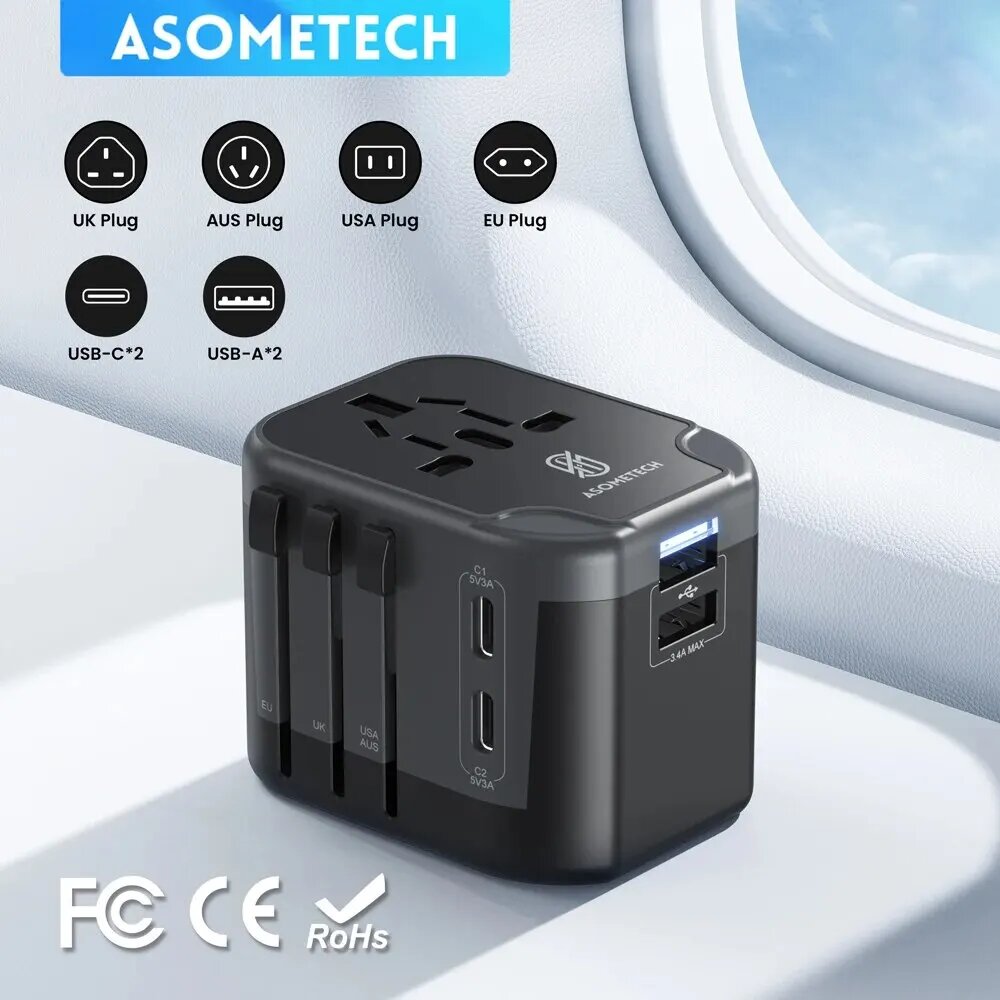 Дорожный адаптер ASOMETECH 2 USB + 2 Type-C, Sliver Black