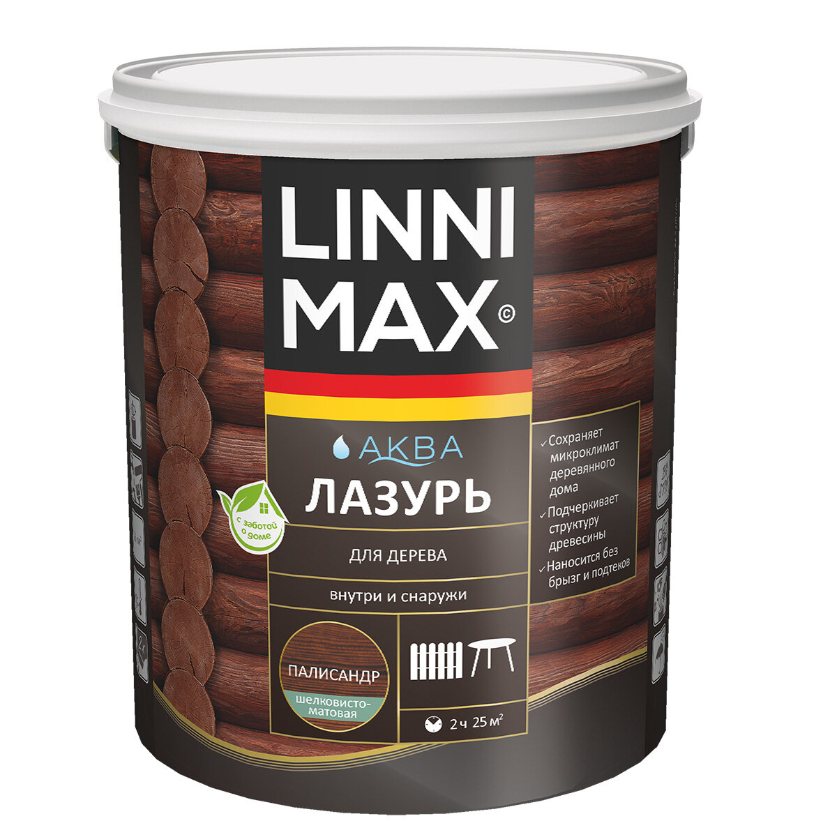 Лазурь деревозащитная Linnimax аква, палисандр, шелковисто-матовая, 2.5 л