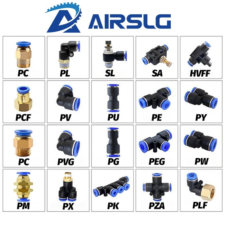 Соединители пневматических шлангов AIRSLG 4/6/8 мм, резьба 1/8", 1/4", 1/2" PCF, 6-m5 (6mm-M5)
