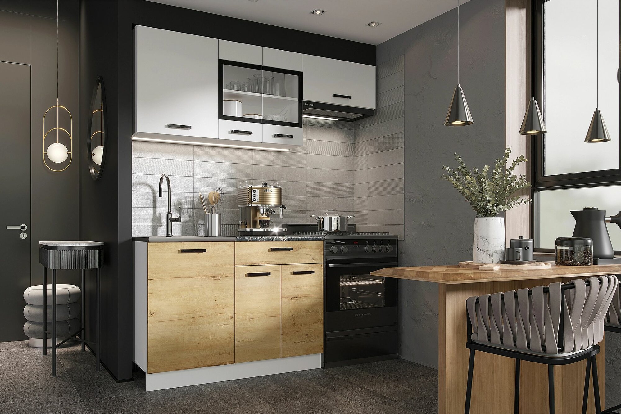 Кухонный гарнитур Баунти, белый гладкий/дуб вотан, столешница чёрный мрамор, ЛДСП, 1.7 м