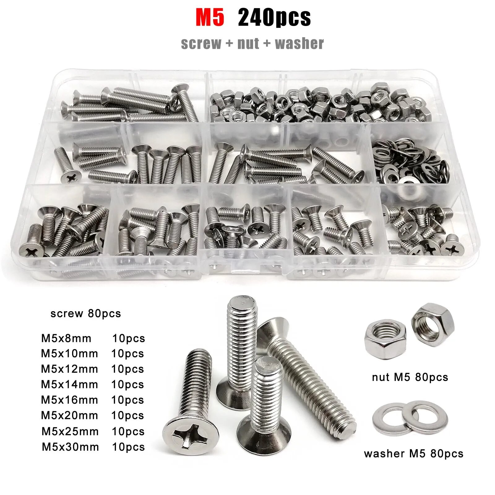 Набор винтов M5 240pcs с гайками и шайбами из нержавеющей стали