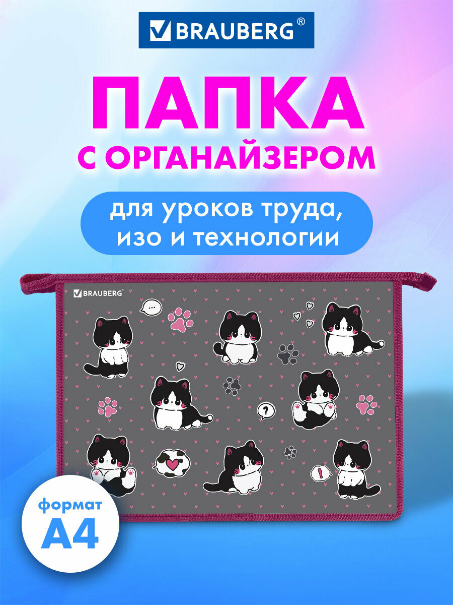 Папка для труда на молнии Brauberg А4, 2 отделения, органайзер, Cat patches, 272211