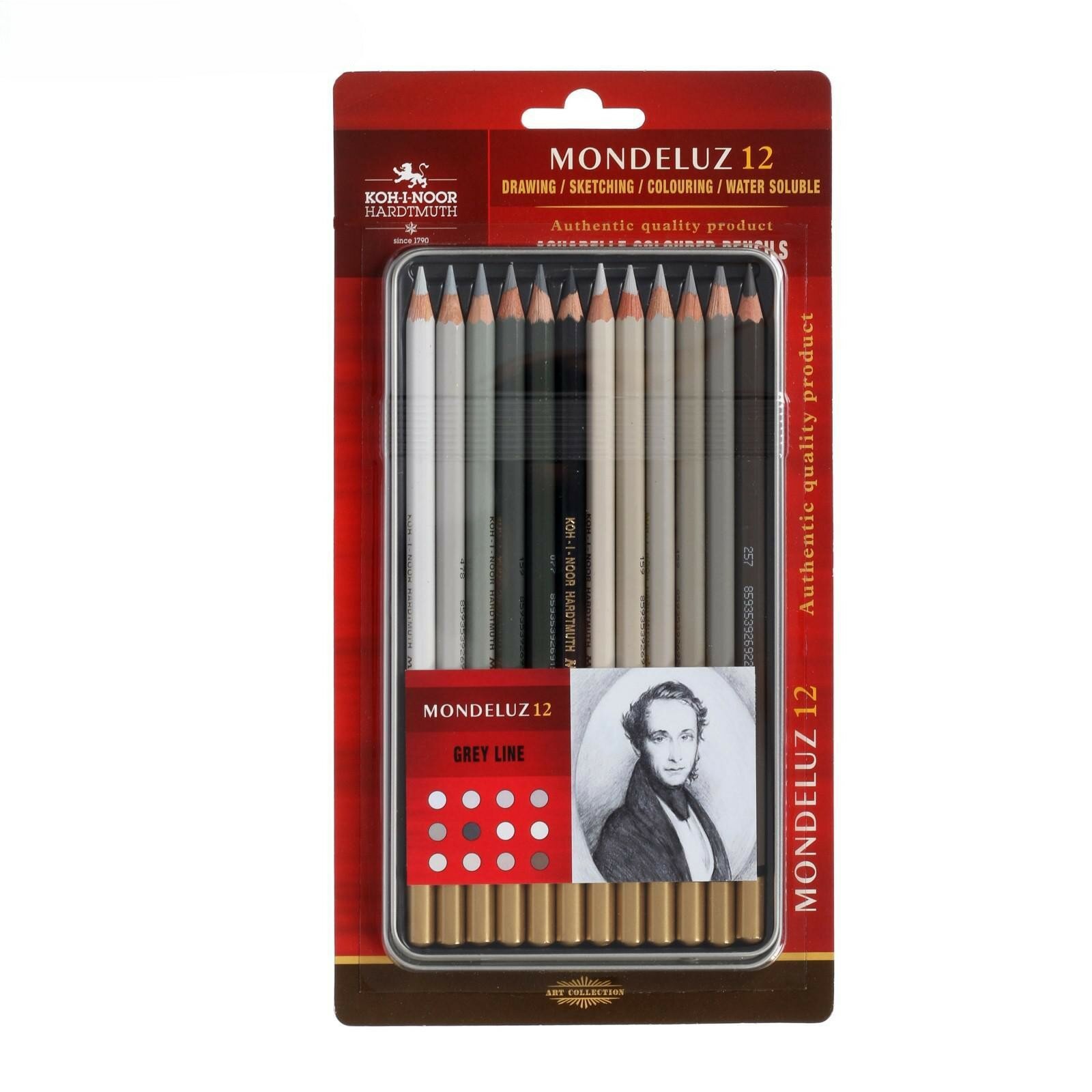 Карандаши цветные акварельные Koh-I-Noor "Mondeluz Grey Line", серые, 12 цветов, металлический пенал, 3722012010BL