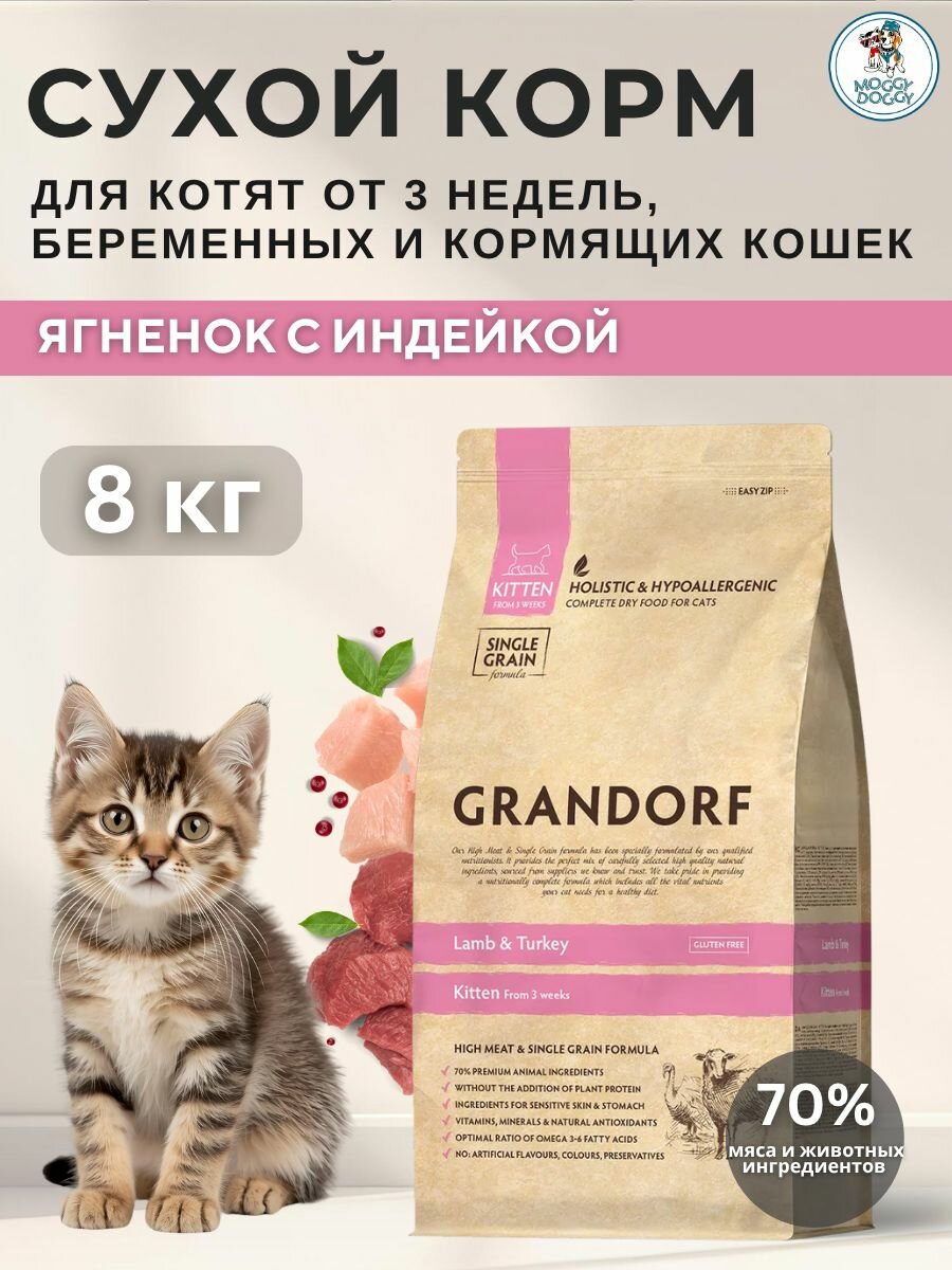 GRANDORF KITTEN Сухой корм для котят, с ягненком и индейкой - 8 кг