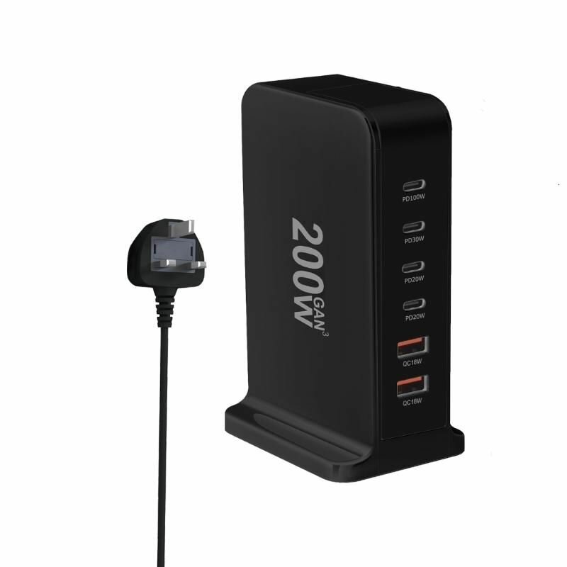 USB C Fast Charger 200w 2 USB+4 типа зарядная станция 6 Порт -блок питания стена для путешествий, Черный - UK