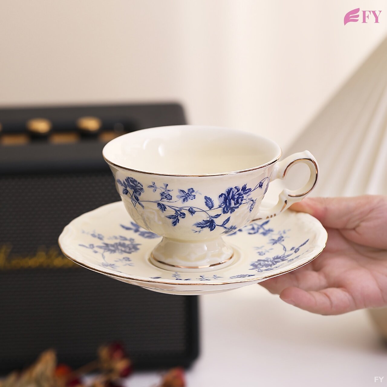 Чайная пара винтажный стиль, синие цветы, керамика, 225 мл, ретро стиль