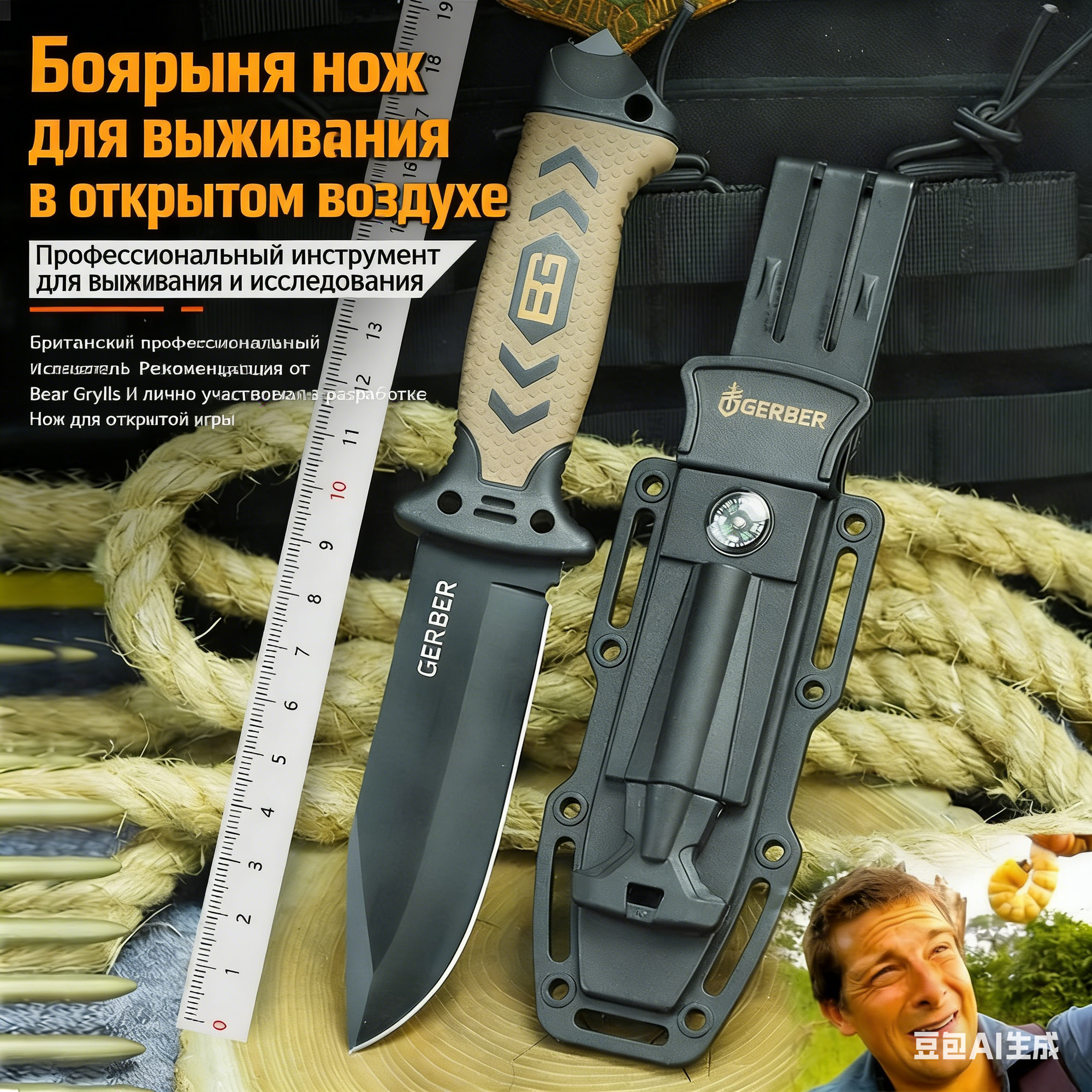Нож тактический 4038C (компас, огниво, свисток, точилка) ручка коричневая