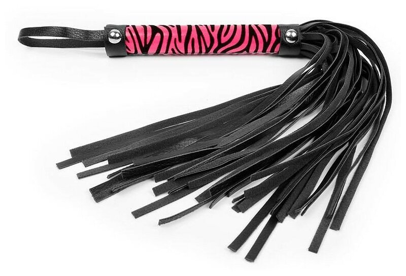 Черная многохвостовая плеть с круглой розовой ручкой-зеброй - 39 см.
