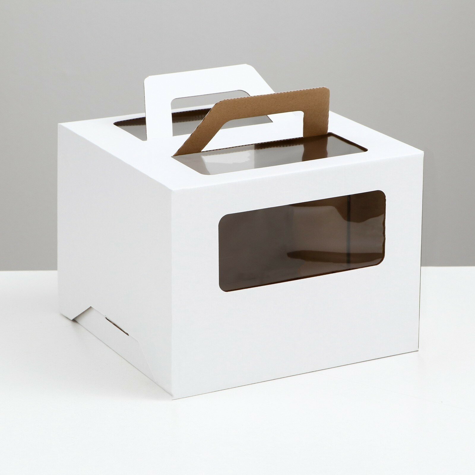 Коробка под торт 2 окна, с ручками, белая, 26 х 26 х 20 см, 9095459