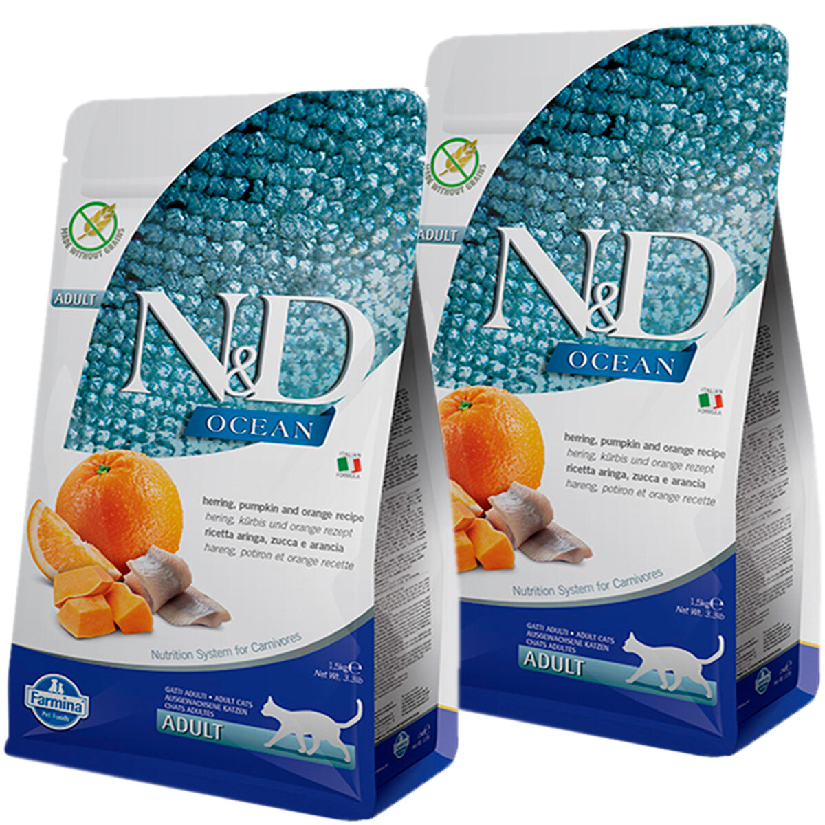 FARMINA CAT N&D OCEAN HERRING PUMPKIN & ORANGE беззерновой для взрослых кошек с сельдью, тыквой и апельсином (0,3 + 0,3 кг)