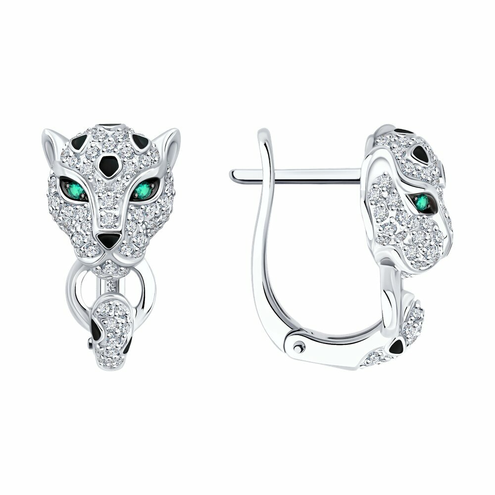 Серьги, белое золото, 585 проба, эмаль, изумруд, бриллиант