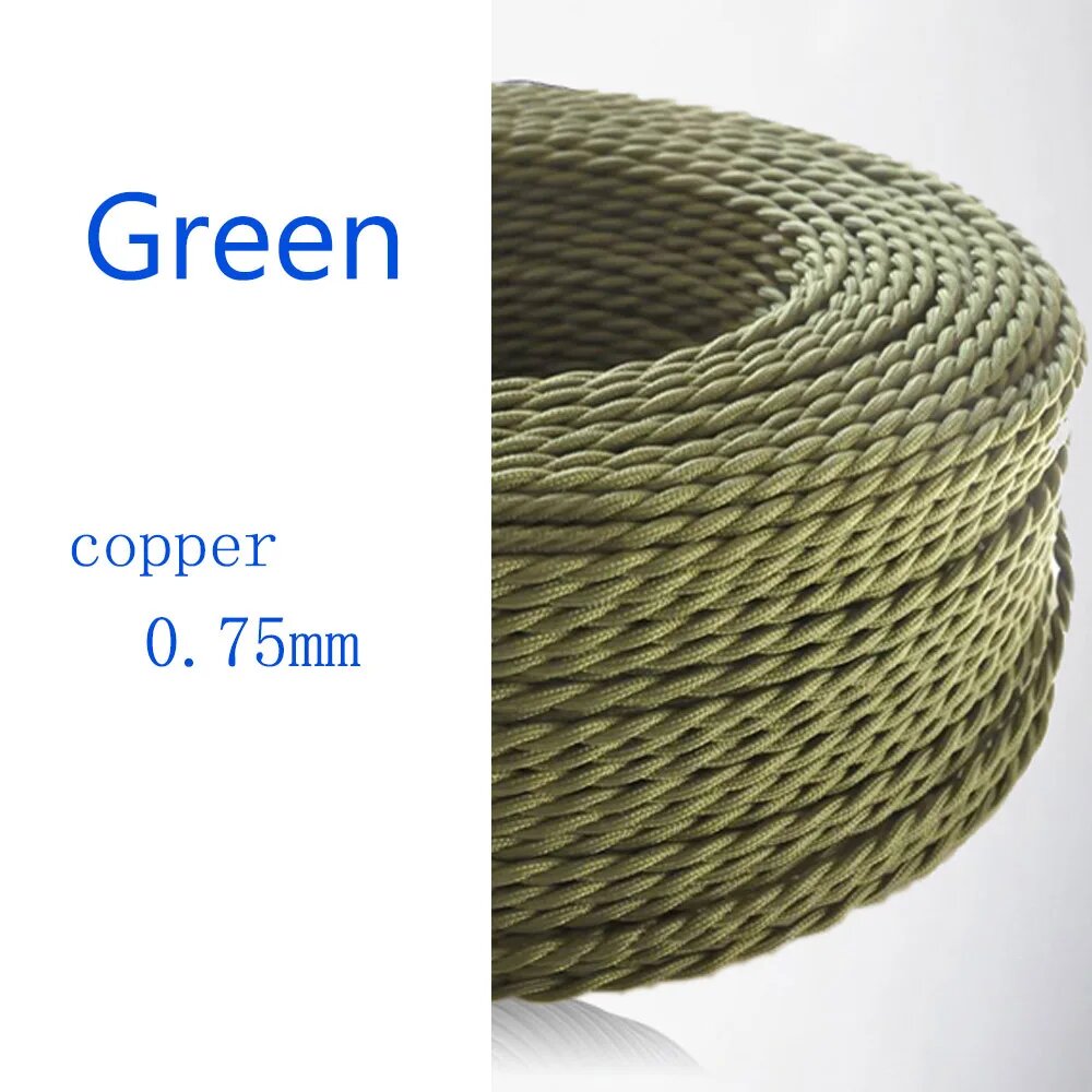 Винтажный тканый электрический провод 2+3 жилы 0,75 мм 3 Core, green, 5m
