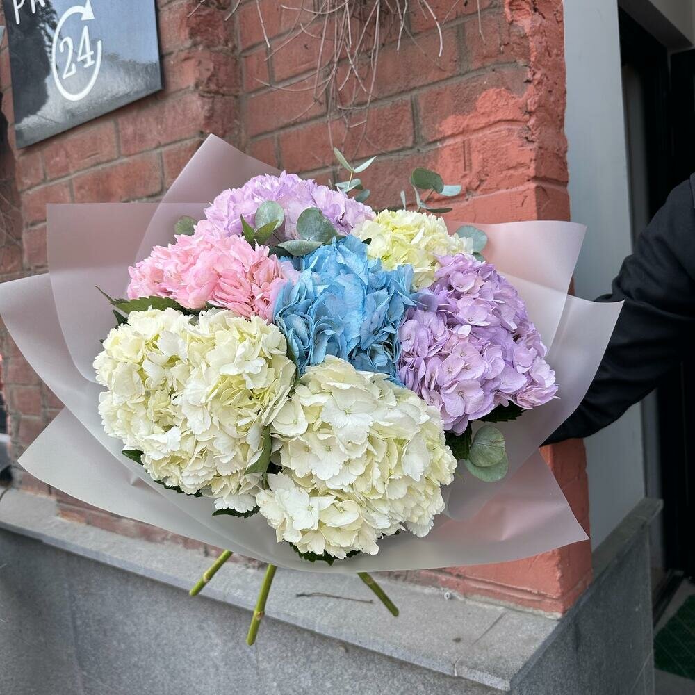 Букет Protea "Гортензия", гортензия, эвкалипт, упаковка, 50см