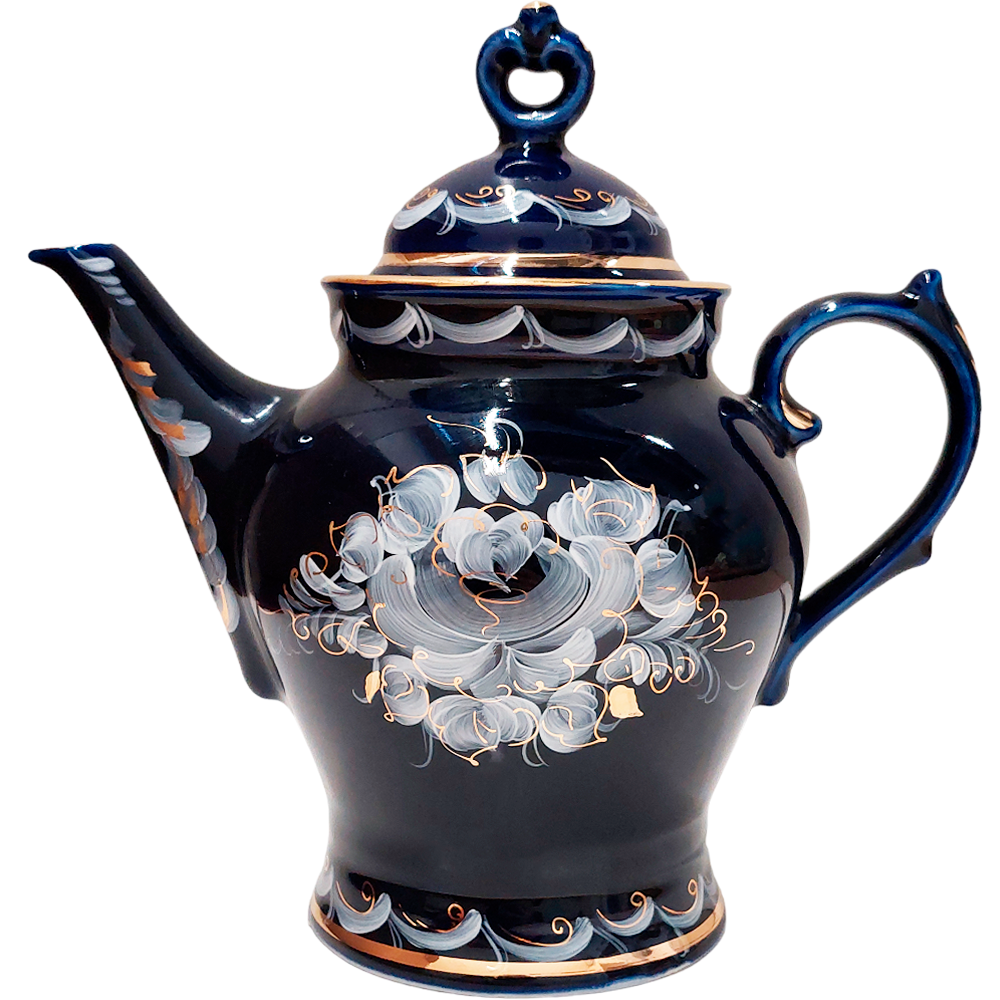 Фарфоровый заварочный чайник ручной работы "Юность", гжель в кобальте с золотом