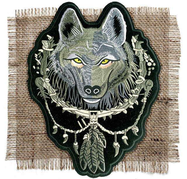 Большая нашивка на куртку, патч, шеврон байкерский, нашивка на спину волк ловец снов 34х25см