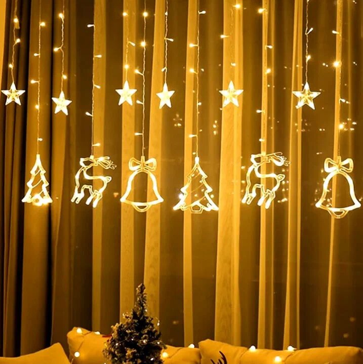 Гирлянда-штора, занавес "Звёзды микс", 3x1м, тёплый свет, звёзды, елочка, олени