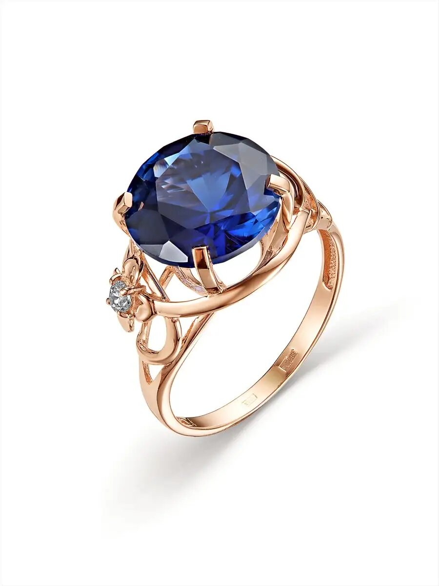 Перстень, красное золото, 585 проба, сапфир, бриллиант, сапфир синтетический