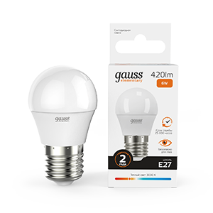 Лампа светодиодная Gauss Elementary Шар 6W 420lm 3000K E27 LED 220V