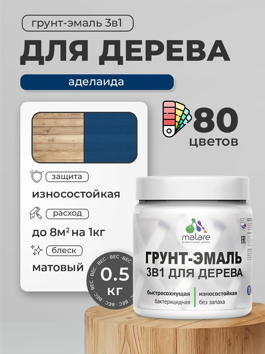 Акриловая Грунт-Эмаль 3 в 1 Malare для деревянных поверхностей/ краска по дереву с антисептическим эффектом/ быстросохнущая моющаяся без запаха матовая, аделаида, 0.5 кг