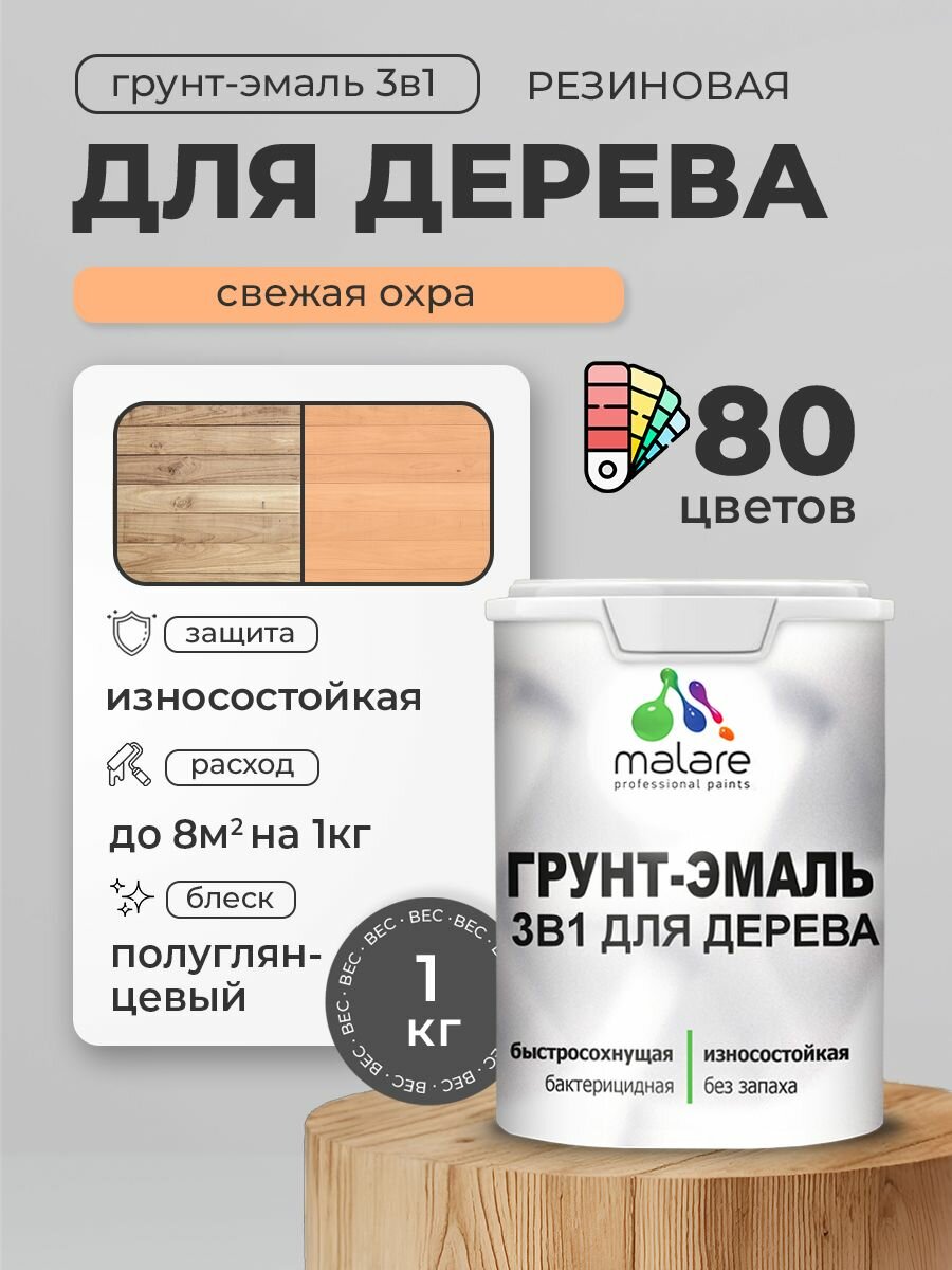Резиновая Грунт-Эмаль 3 в 1 Malare для деревянных поверхностей/ краска по дереву с антисептическим эффектом/ быстросохнущая моющаяся без запаха полуглянцевая, свежая охра, 1 кг