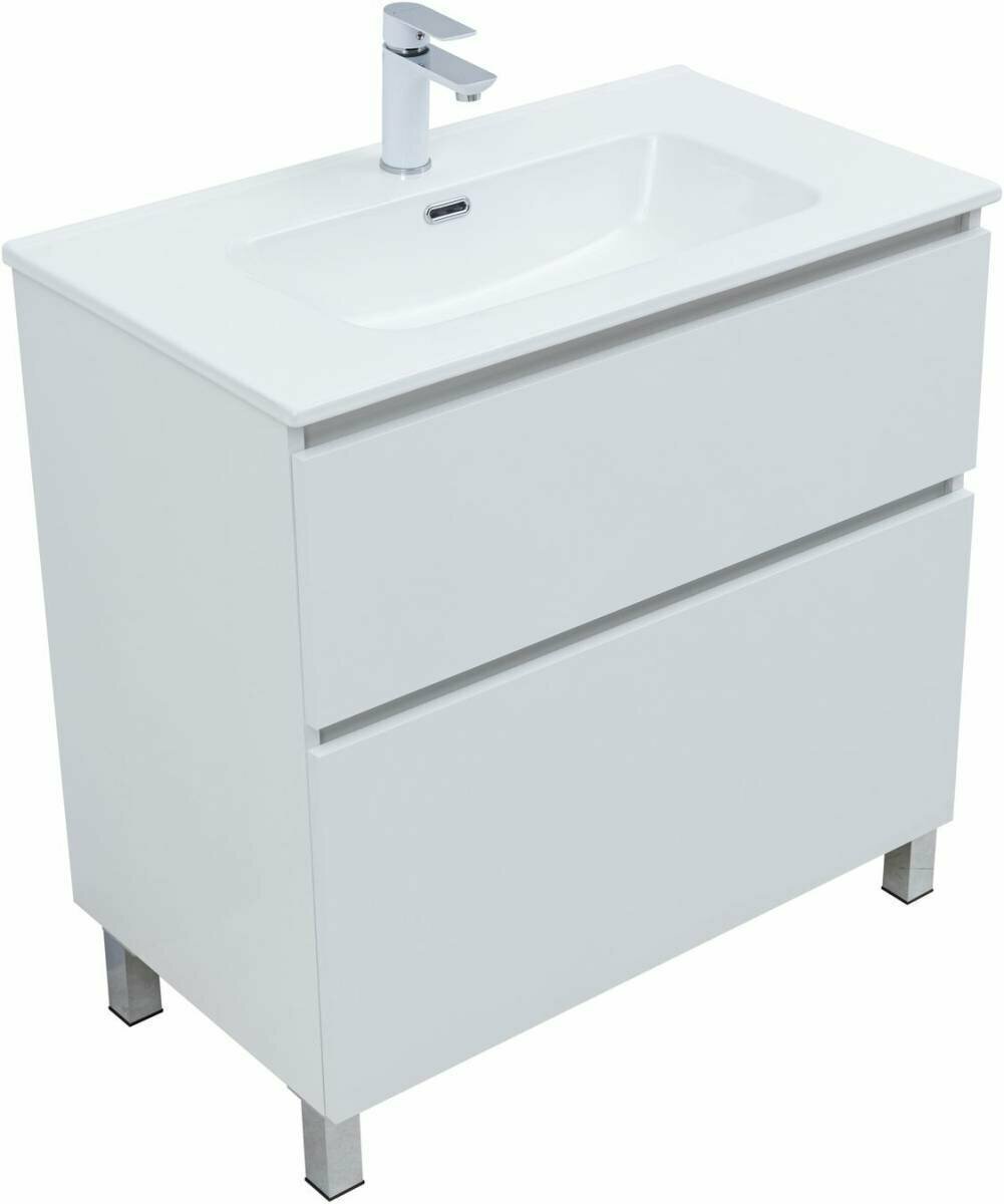Тумба с раковиной Aquanet Вега 80 напольная, белый глянец + раковина Flat