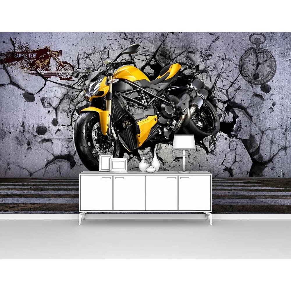 ООО Первое ателье Фотообои лофт "Желтый мотоцикл пробивает стену" 300x190 ШxВ pw94967-3