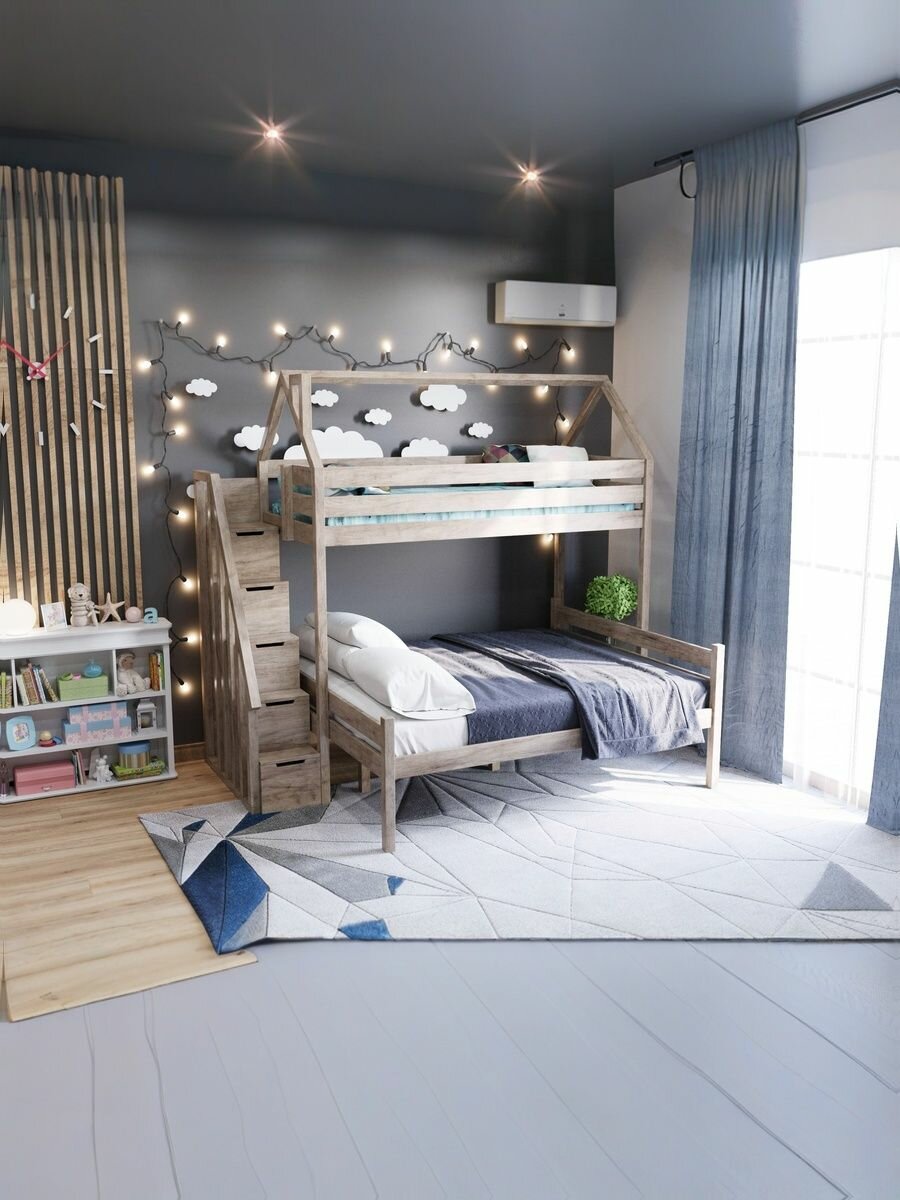 Кровать двухъярусная-комбинация "Тетрис-Люкс" из массива сосны для взрослых и детей