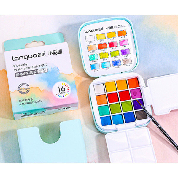 Карманный набор акварели Languo в пластиковом пенале, с кистью и палитрой, "Macaron"