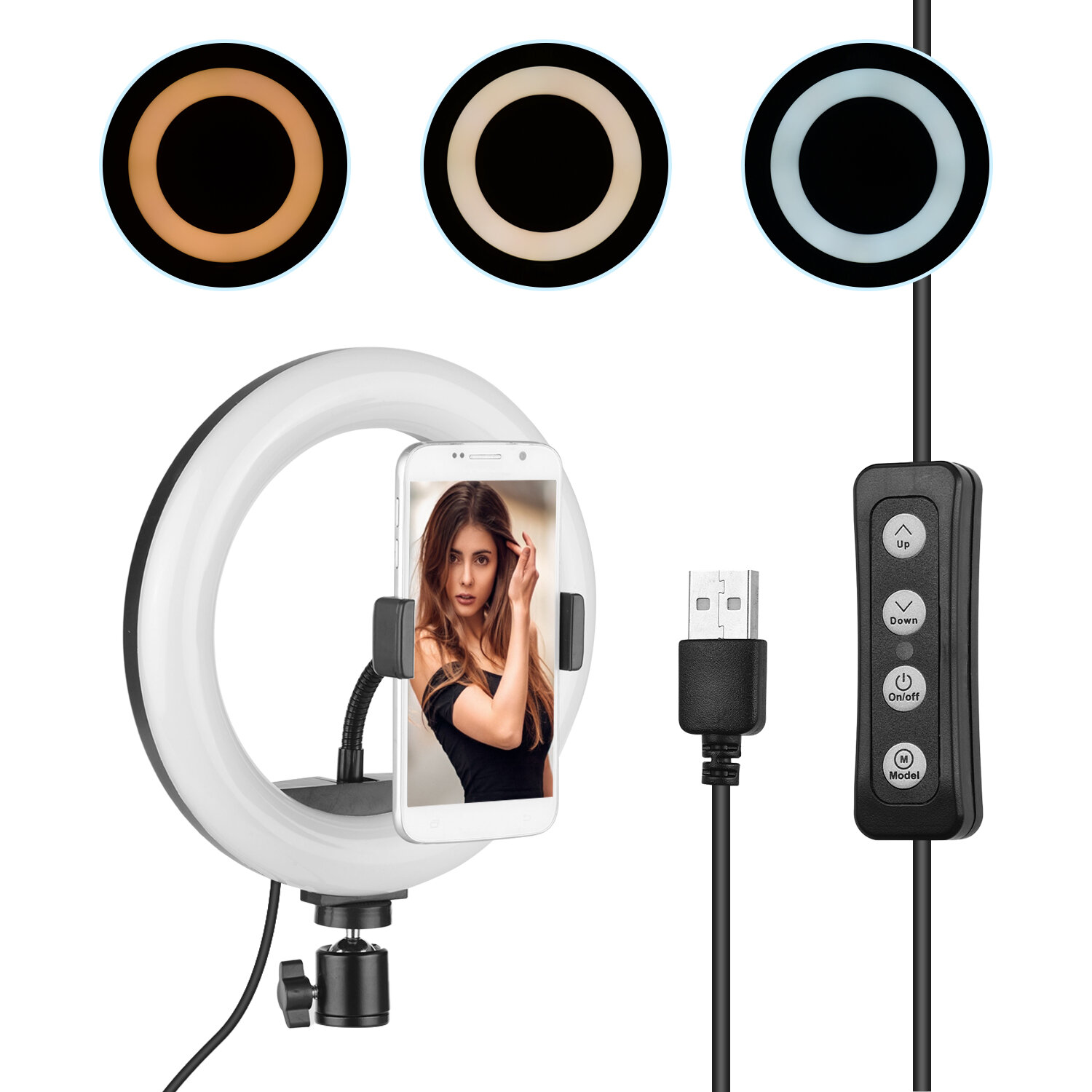 8 Inch LED Ring Light Fill-in Lamp 72pcs LED Beads 10W Dimmable 2700-5500K Color Temperature with Ballhead Cell Phone Holder