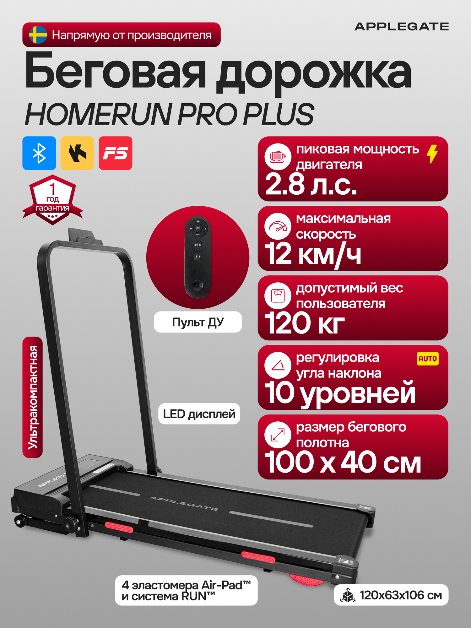 Беговая дорожка электрическая для дома складная APPLEGATE HOMERUN PRO PLUS