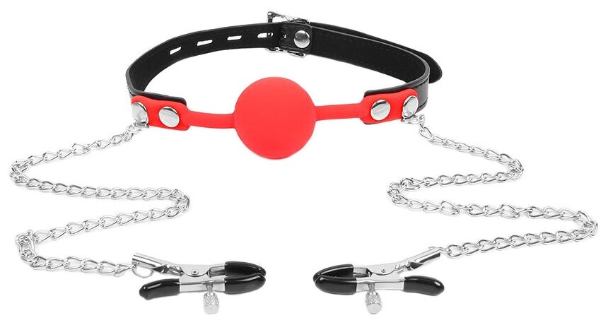 Notabu Кляп с зажимами для сосков (NTB-80540/NTB-80541), one size, красный/черный