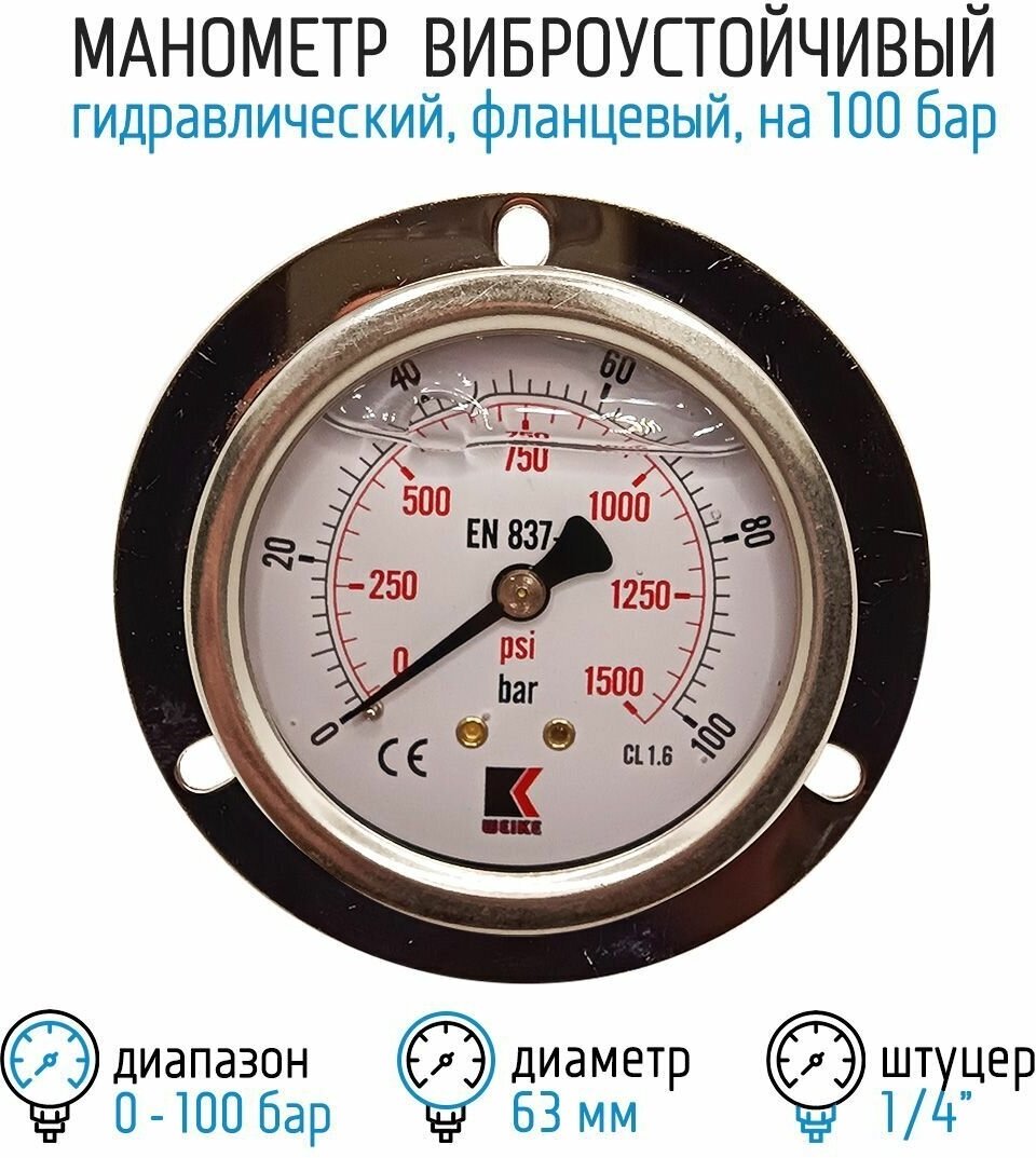Манометр гидравлический на 100 бар (1500 psi), 63 мм, G 1/4" фланцевый, виброустойчивый - глицериновый