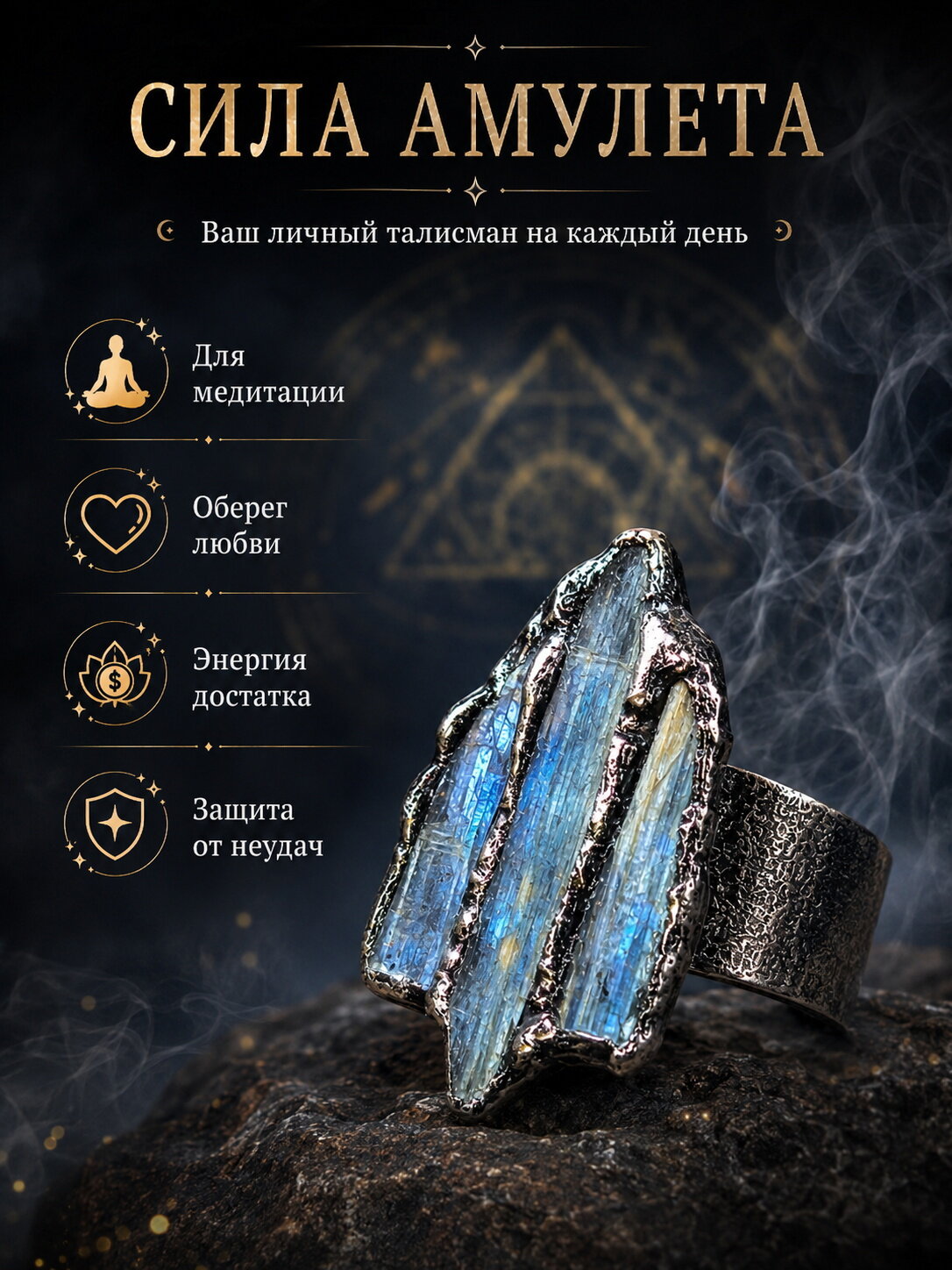 Кольцо-амулет с натуральным камнем кианит, регулируемое кольцо ручной работы, талисман оберег, мистическое украшение, подарок для женщин и мужчин кианит регулируемое ручной работы талисман