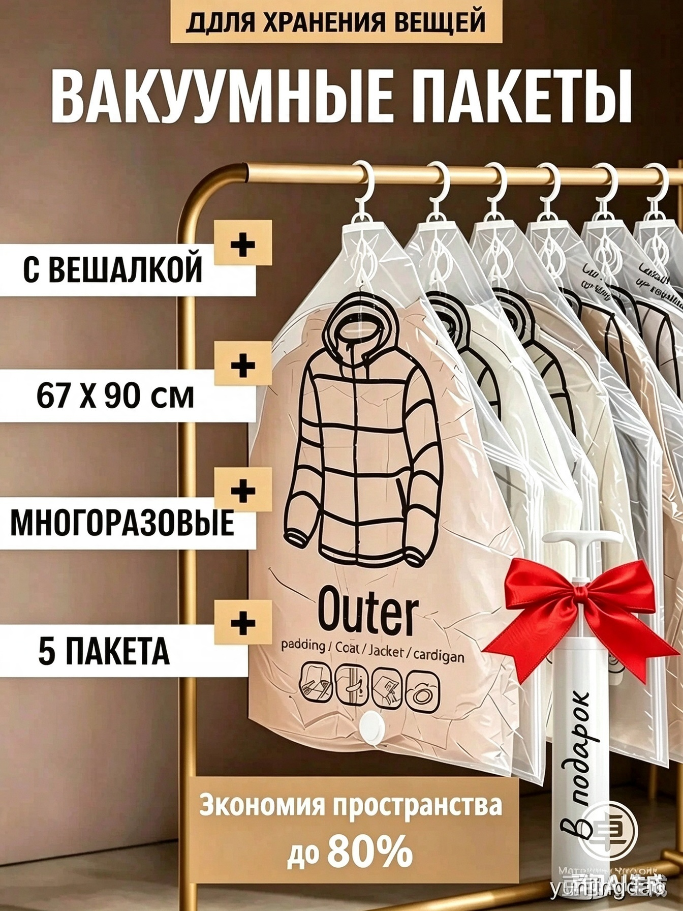 Вакуумные пакеты с вешалкой 5 шт. для хранения одежды, защита от влаги и пыли