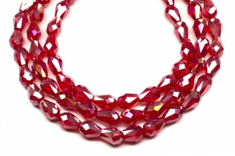 Бусина стеклянная граненая Капля 7х6мм, цвет красный, гальваническое покрытие, 503-042, 10шт