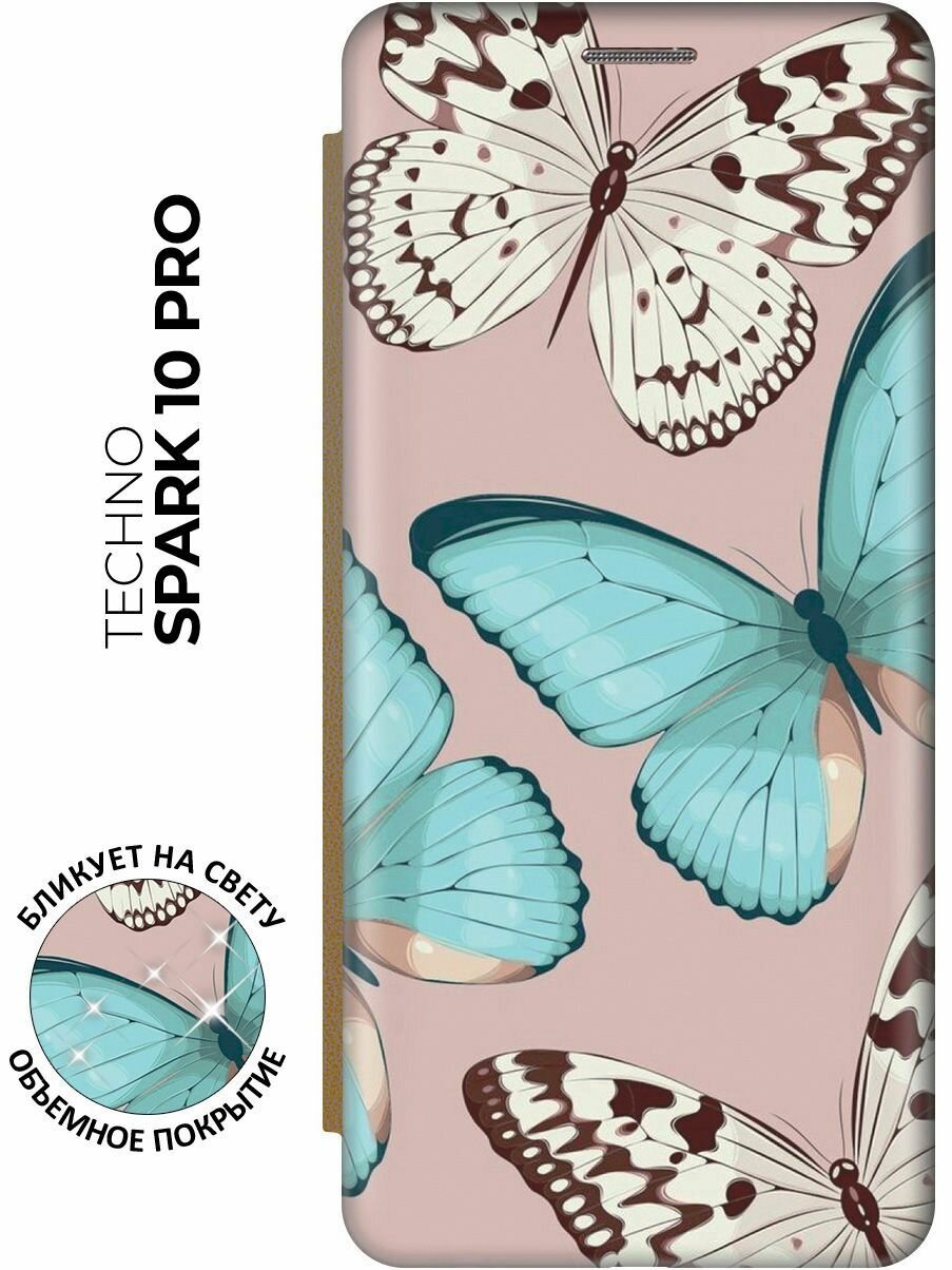 Чехол-книжка Бабочки на Tecno Spark 10 Pro / Техно Спарк 10 Про с эффектом блика золотой