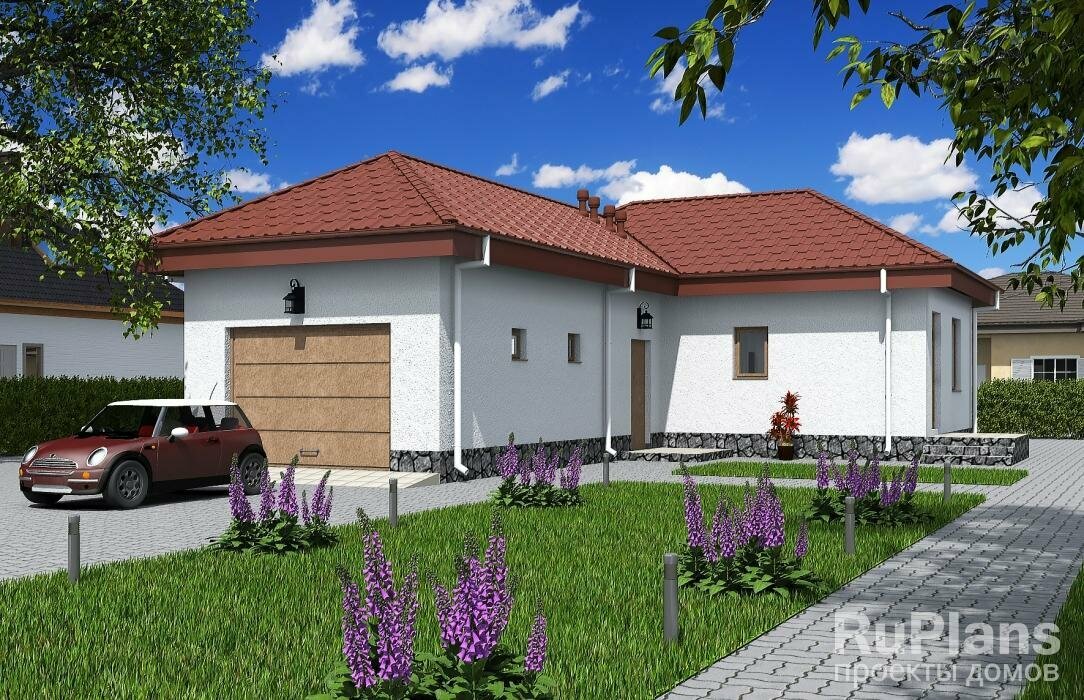 Проект одноэтажного дома с гаражом (77 м2, 14м x 10м) Rg5533