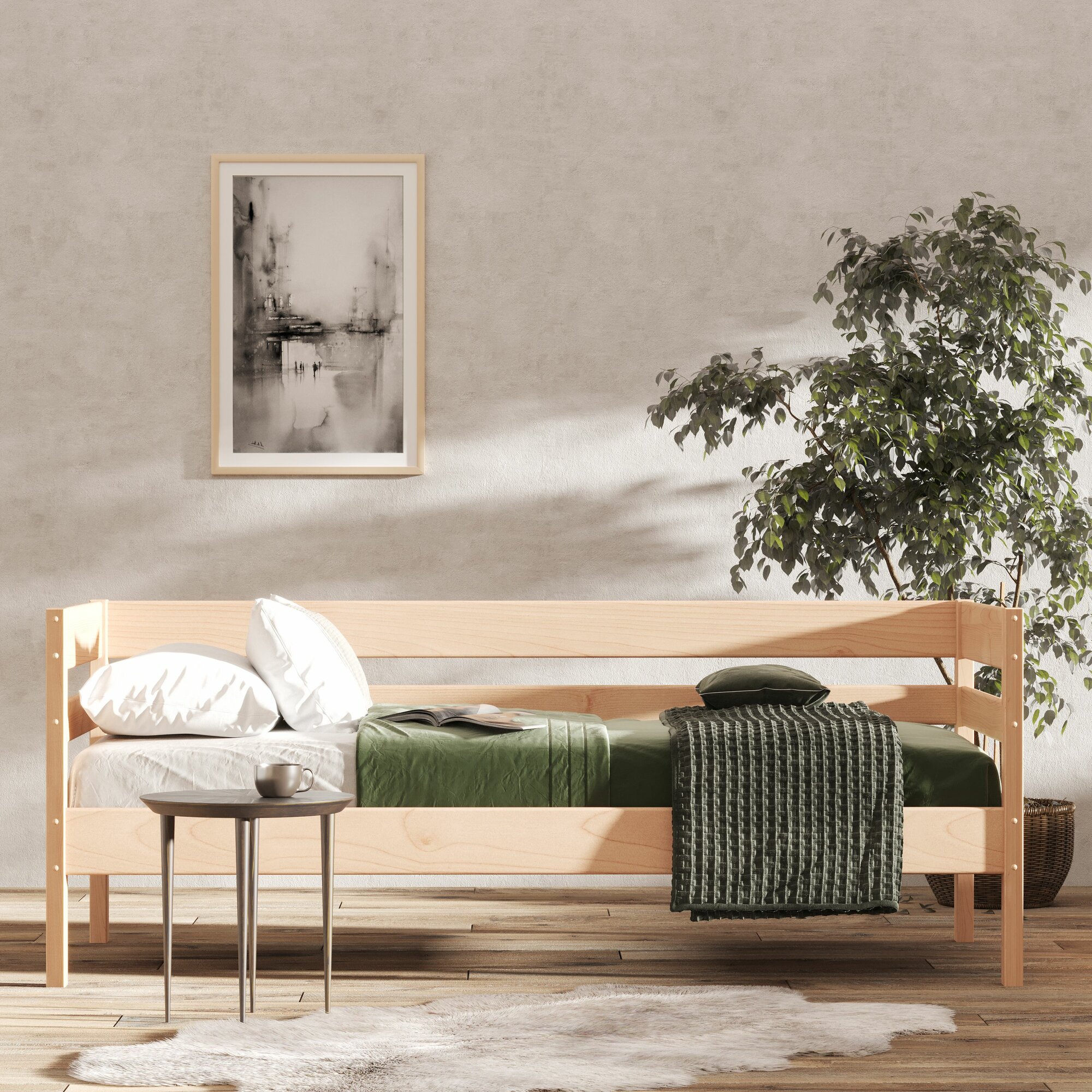 Кровать-тахта односпальная, 80х200 см, Hansales, деревянная, из массива березы, с тремя спинками