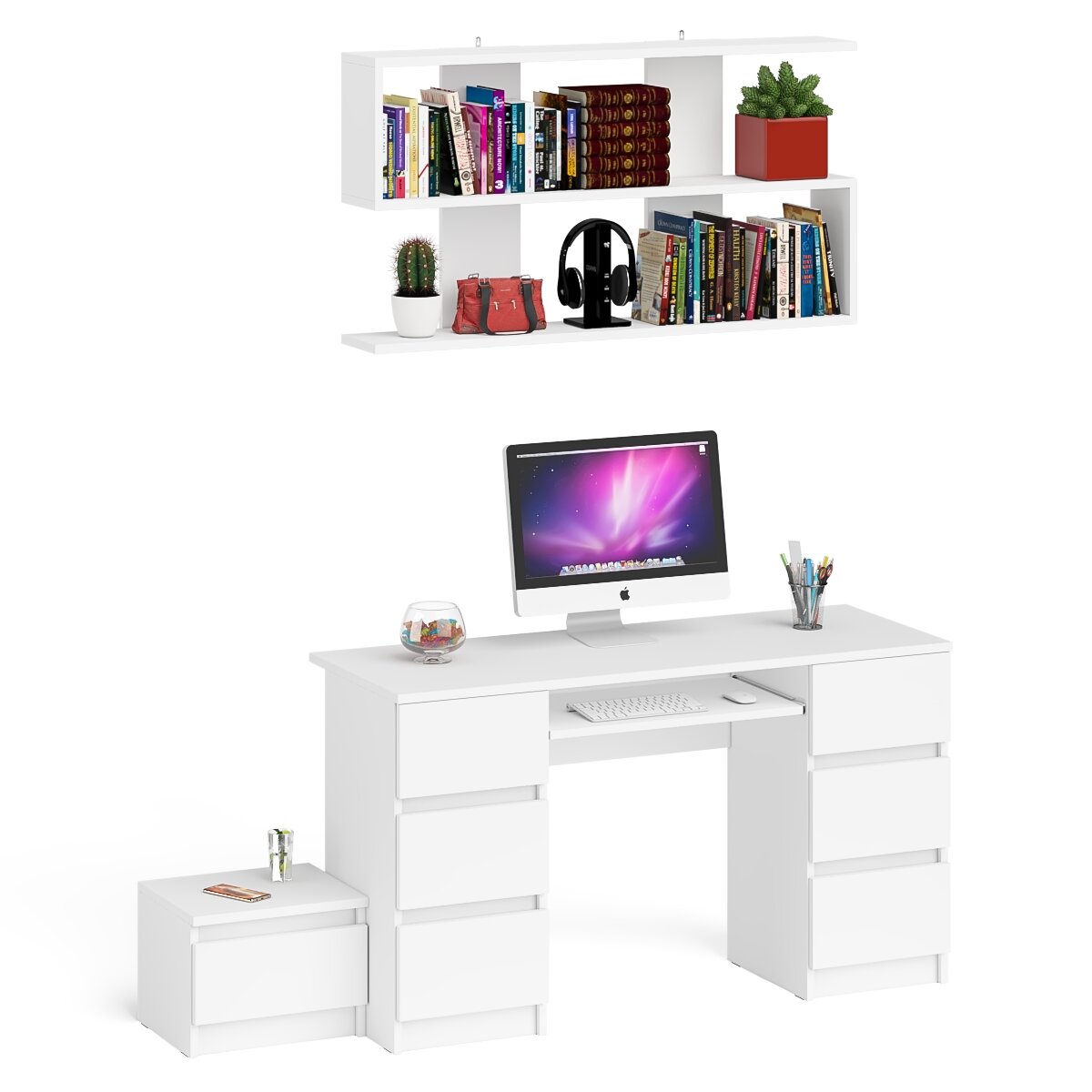 Двухтумбовый стол компьютерный СВК Мори МС-2 с тумбочкой с ящиком и полкой белый