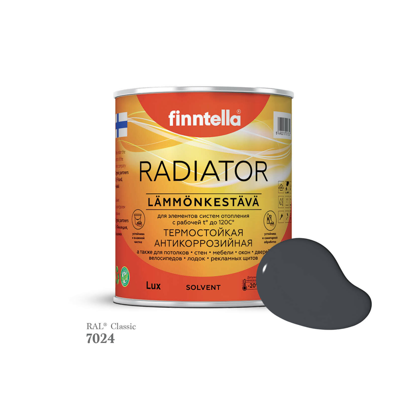 Краска для радиаторов быстросохнущая финская эмаль FINNTELLA RADIATOR, цвет RAL7024 , 0,9л