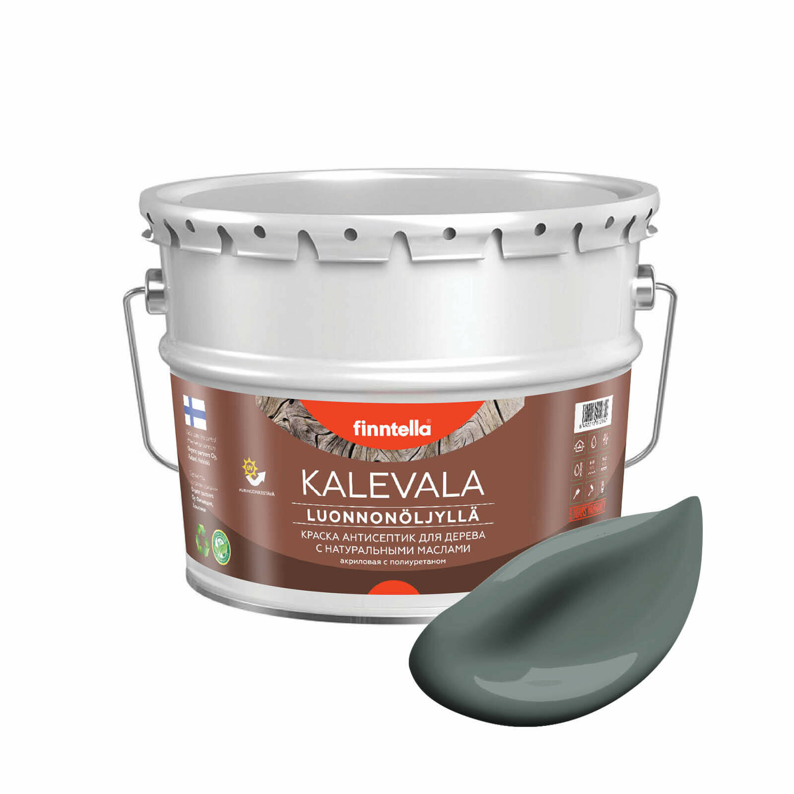 Краска для дерева и деревянных фасадов FINNTELLA KALEVALA, с натуральным маслом и полиуретаном, цвет SALVIA (серо-зеленый) , 9л