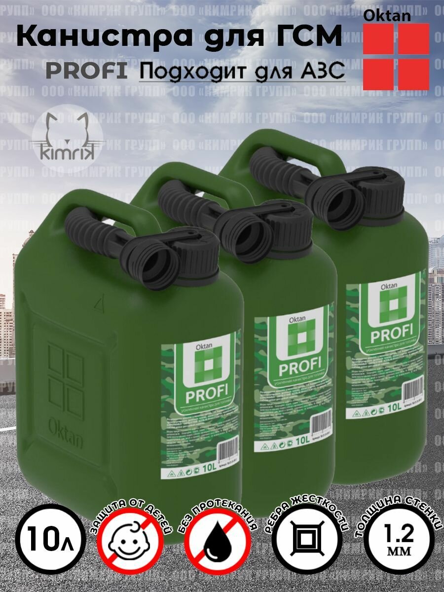 Канистра для бензина и масла PROFI пластиковая, зеленая, 3 штуки по 10 л, с заливным шлангом в комплекте, Oktan