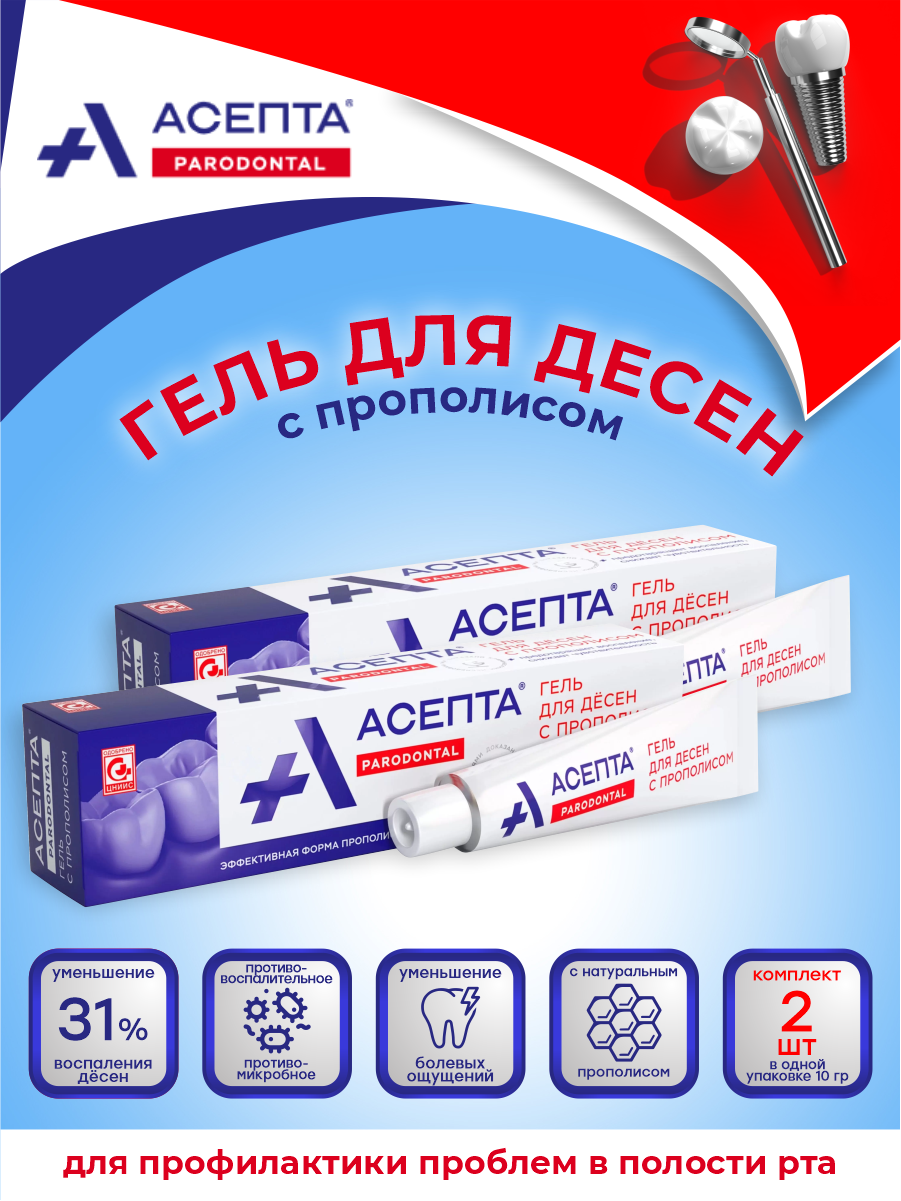 Гель для десен асепта с прополисом 10 гр. х 2 шт.