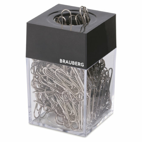Скрепочница магнитная BRAUBERG, 100 никелированных скрепок 28мм, прозр. корпус, черная крышка, 22840