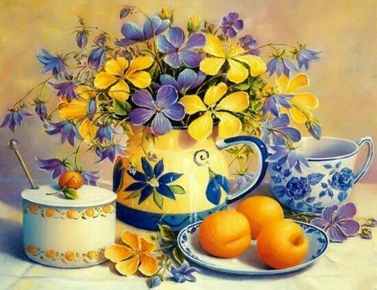 Алмазная мозаика на подрамнике / Картина стразами "Натюрморт. Чаепитие" 50х65 , сложность 5, цветов 33, Komas