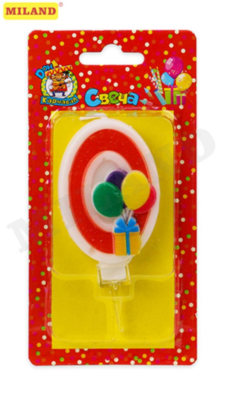 Свеча для торта "Весёлый праздник красная Цифра "0" на блист. 14x6,5x1 см