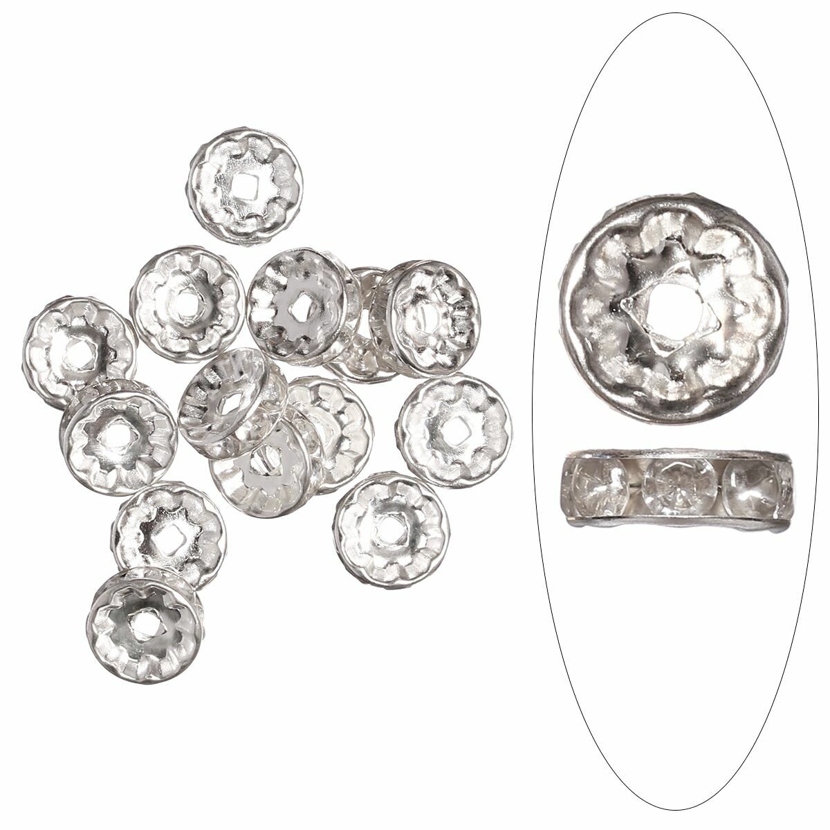 Бусина металлическая, 10х4мм, рондель со стразами, базовый материал - латунь, под серебро, 5 грамм